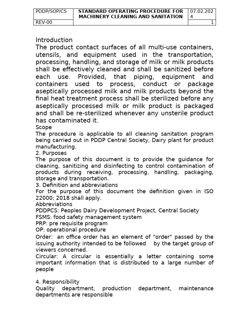 Machinery Cleaning and Sanitization SOP | PDF | Disinfectant