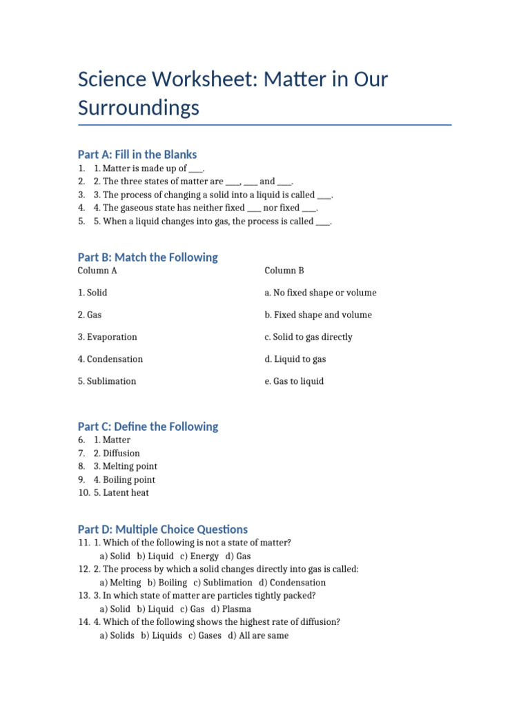 Matter in Our Surroundings Worksheet | PDF
