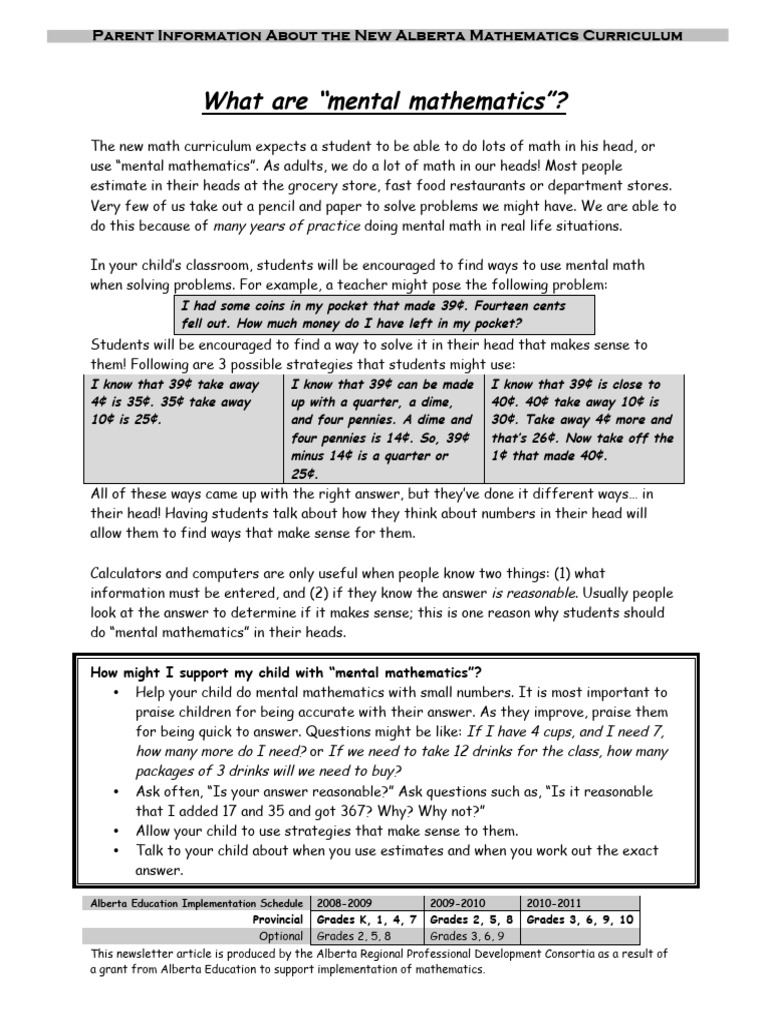 Alberta Mental Math Curriculum Guide | PDF
