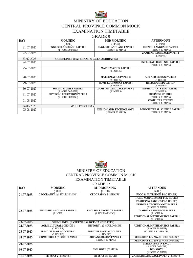 Grade 9 & 12 Mock Exam Timetable 2025 | PDF | Science