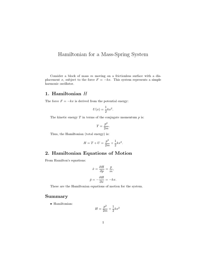 Hamiltonian Equations of Motion For A SHM Body | PDF