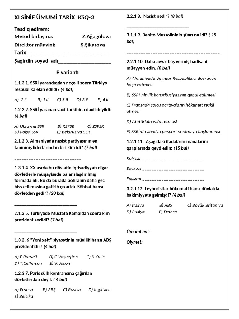 IX Sinif Ümumi Tarix KSQ-3B Variant | PDF