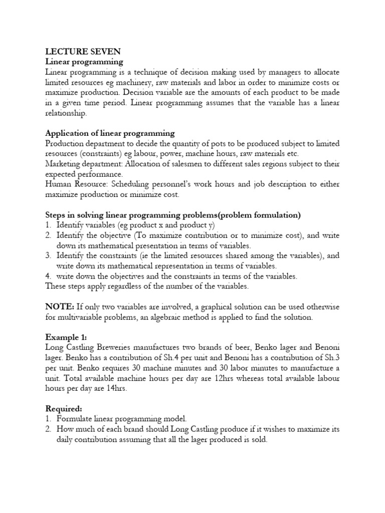 Lecture Seven | PDF | Linear Programming | Mathematical Optimization
