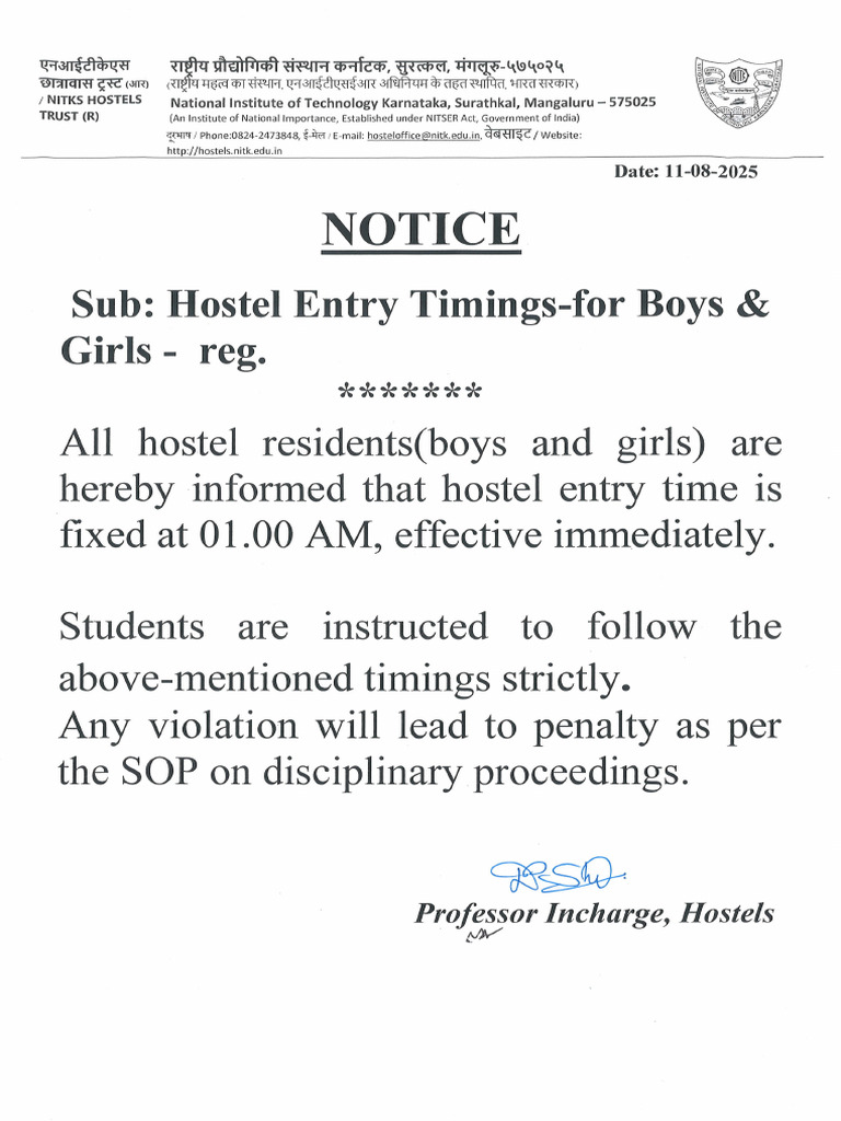 Notice-Hostel Entry Timings | PDF