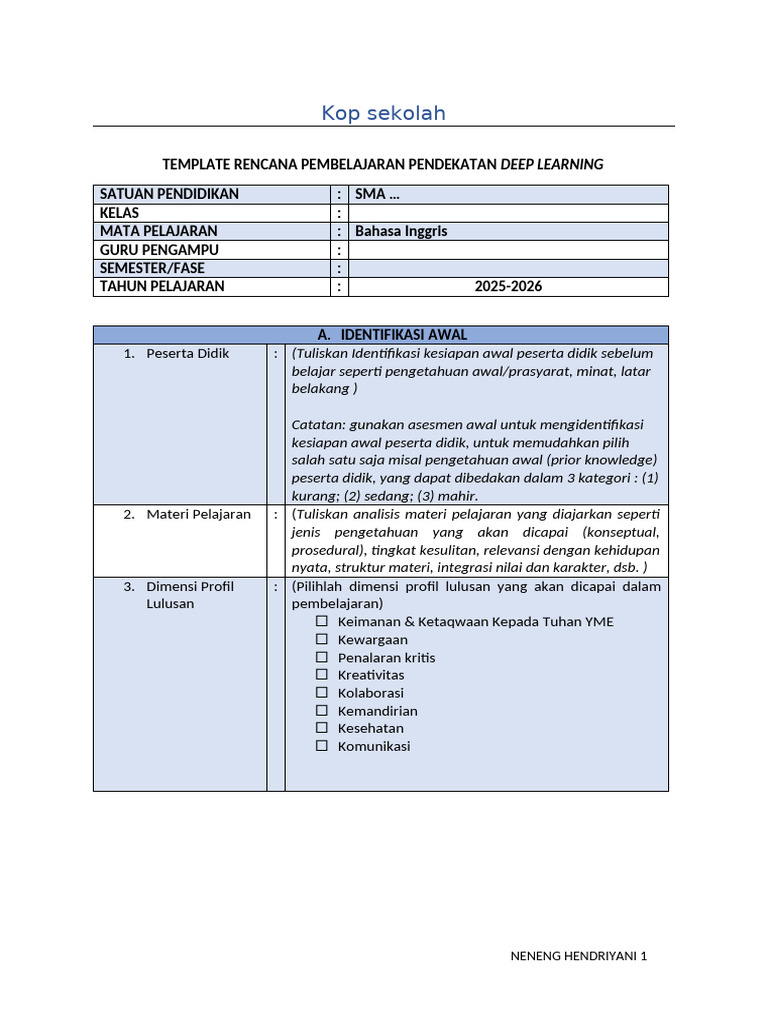 Template Rencana Pembelajaran Pendekatan Deep Learning Ok | PDF