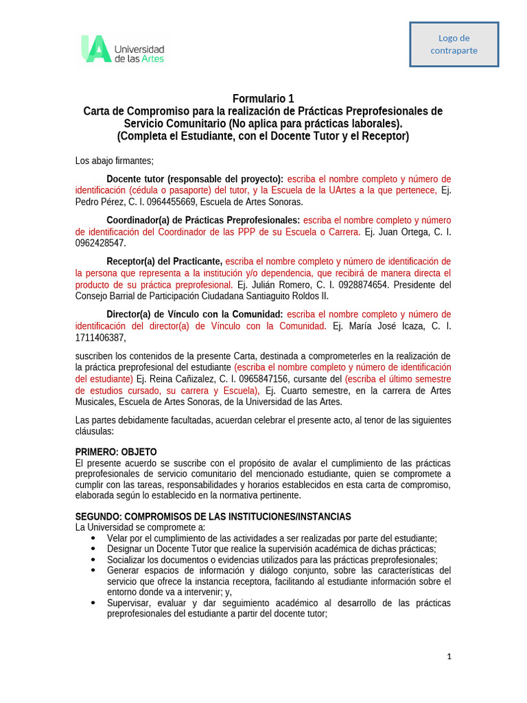 PPP Servicio Comunitario FORMULARIO 1 Carta de Compromiso 21 02 | PDF | Coro