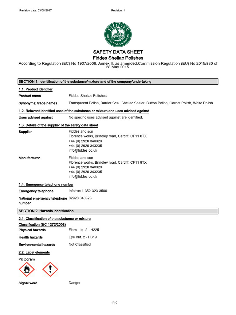 Fiddes Shellac Polishes Safety Data Sheet | PDF | Dangerous Goods ...