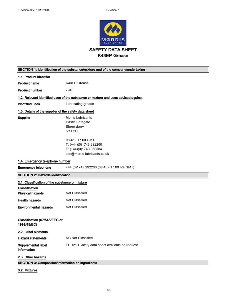 K43EP Grease Safety Data Sheet | PDF | Dangerous Goods | Occupational ...