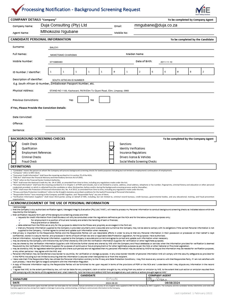 MIE Processing Consent Form For Background Checks | PDF | Criminal ...