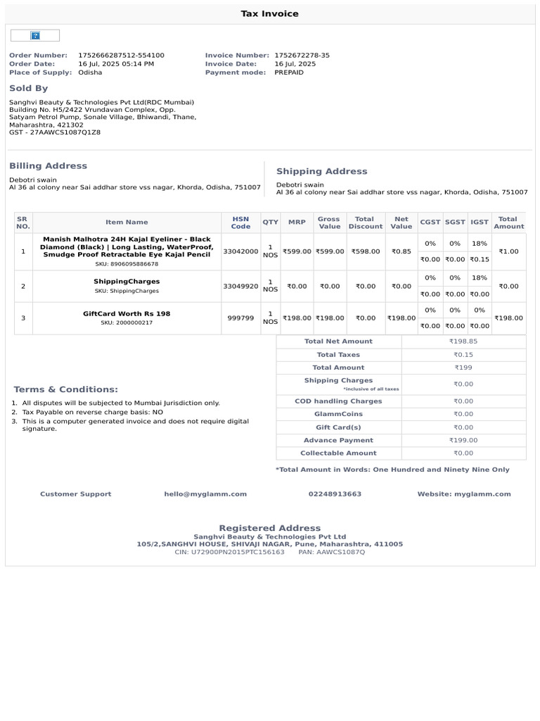 MyGlamm Invoice 1752672278-35-1 | PDF | Taxation | Government Finances