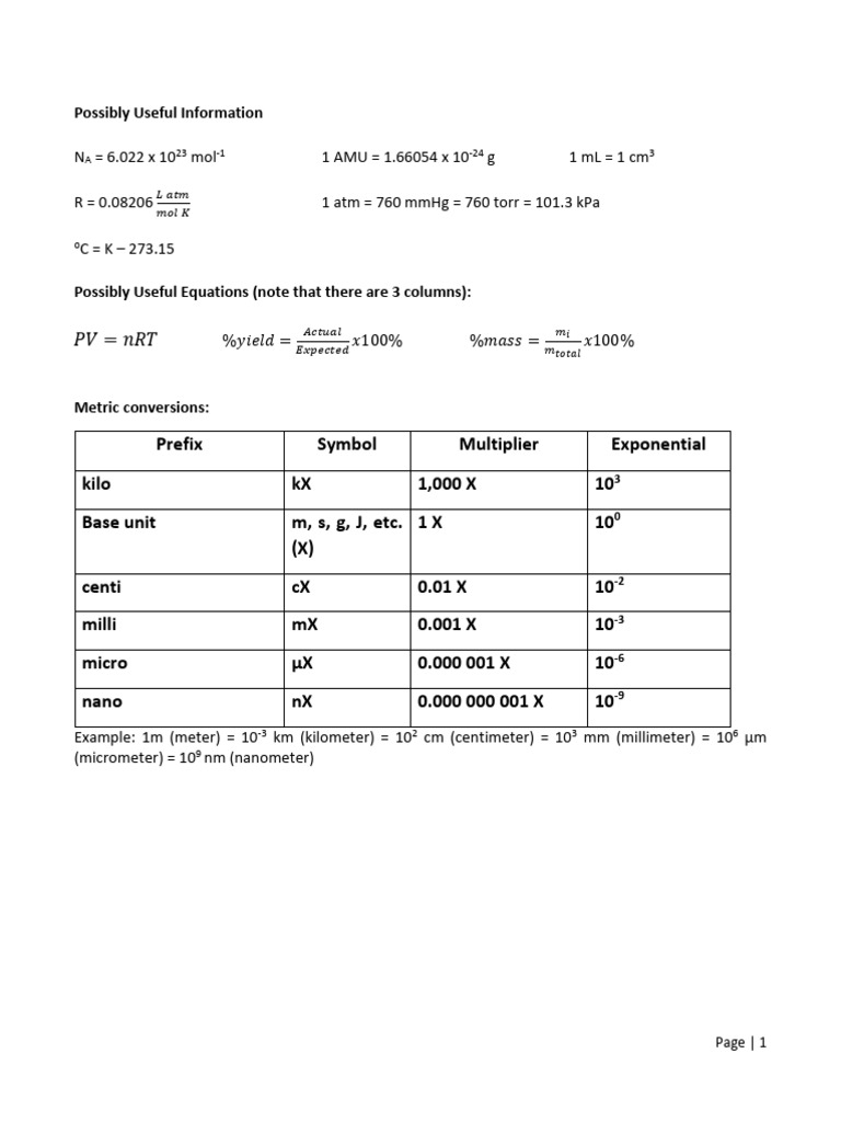 Chemistry Diagnostic Conversion Factors and Equation Sheet | PDF