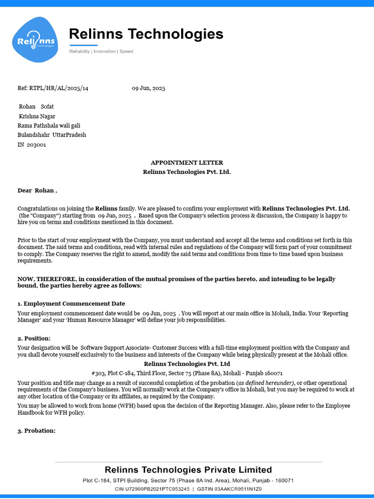 RTPL Appointment Letter for Rohan Sofat | PDF | Employment ...