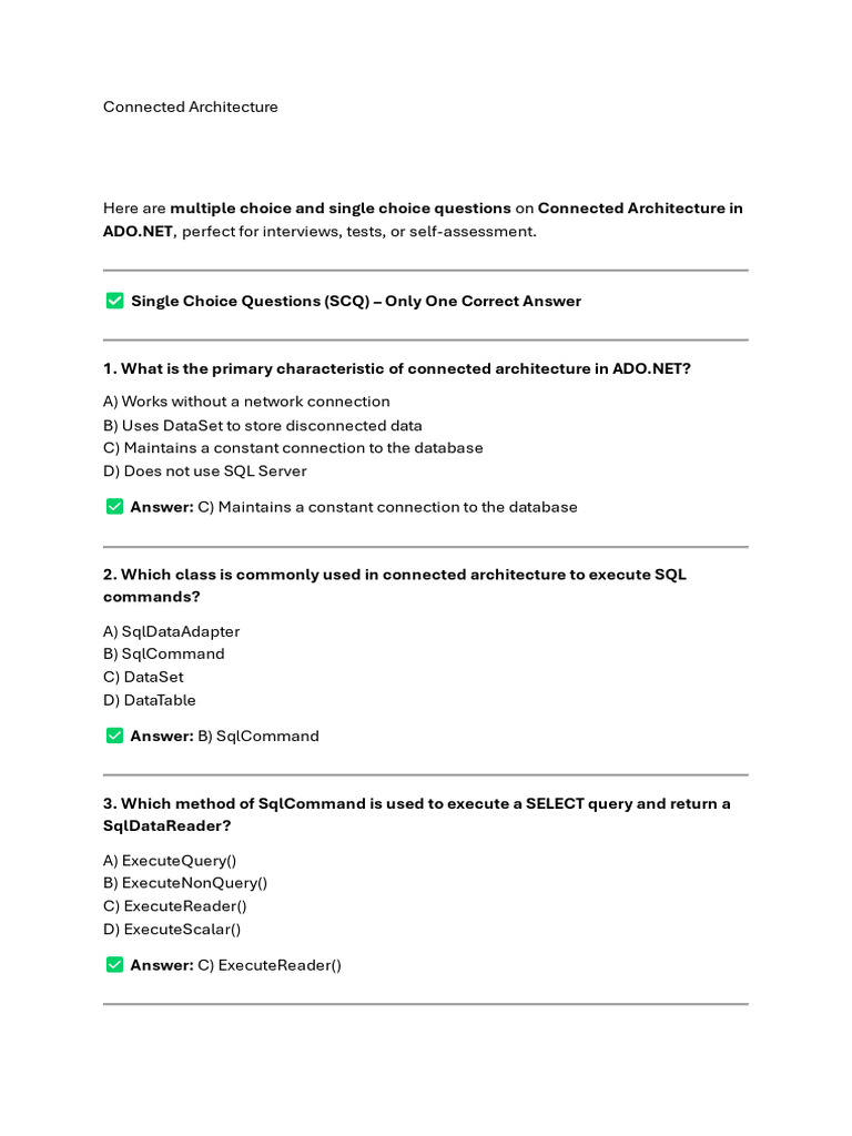 ADO.NET Connected Architecture Quiz | PDF | Method (Computer ...