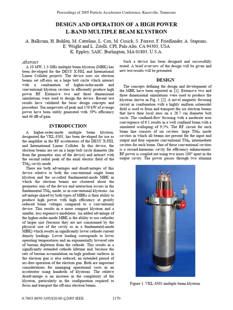 Design and Operation of A High Power Lband Multiple Beam Klystro | PDF ...