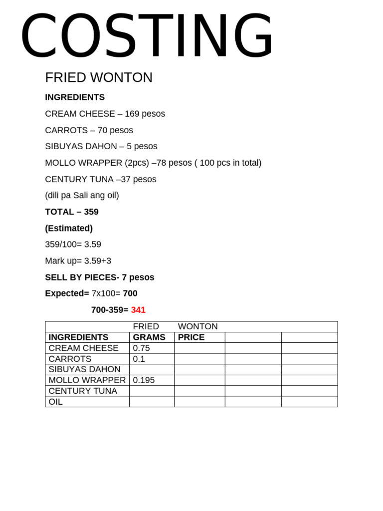 Costing For Entrep Week | PDF