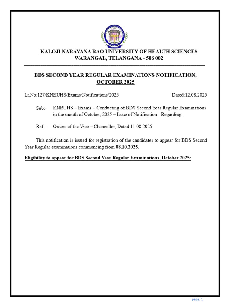 20250812104121knruhs - Examinations - Notification For Bds Second Year Regular Examinations ...