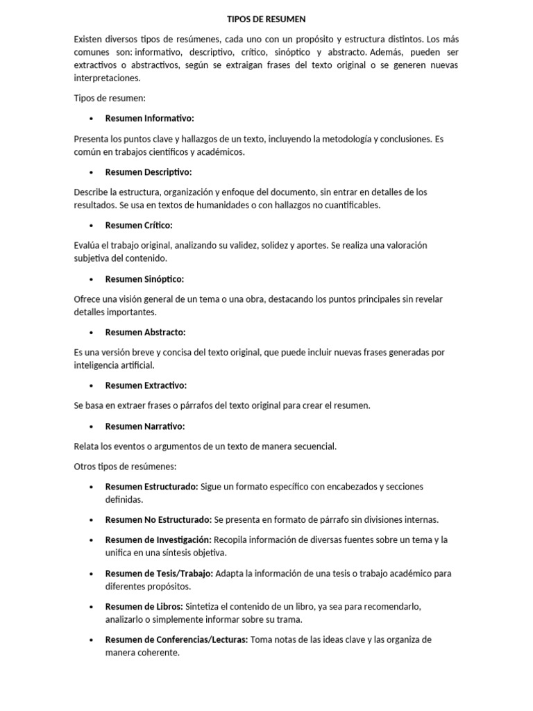 Tipos de Resumen | PDF | Sumario abstracto) | Cognición