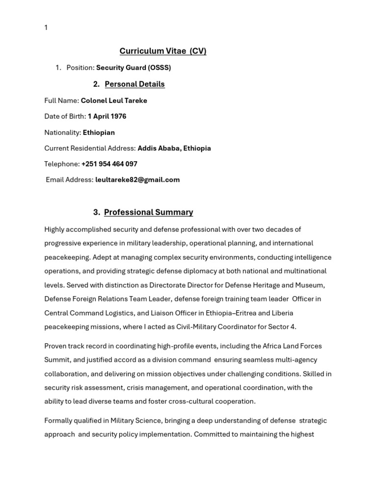 Curriculum Vitae (CV) : 2. Personal Details | PDF | Ethiopia | Peacekeeping