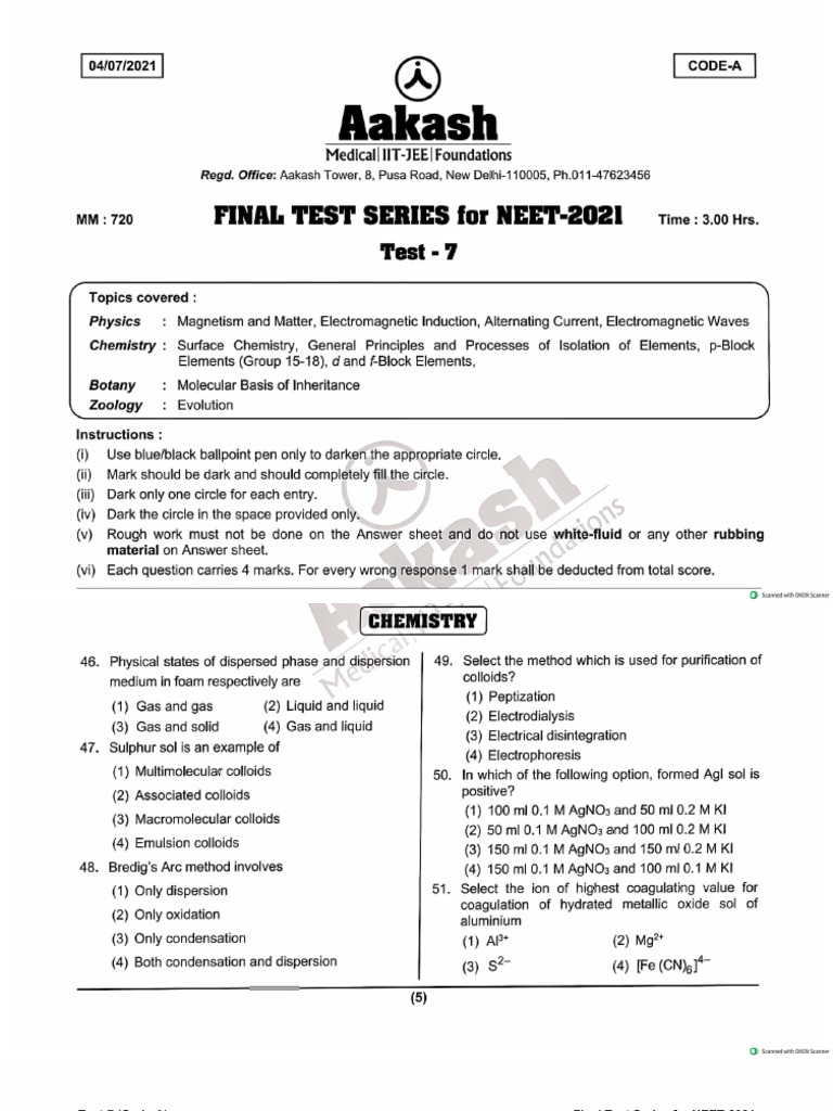 Chem-Fts-7 - (Code-A) - 04!07!2021 - Surface To D and F Block | PDF