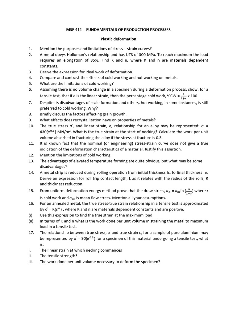 MSE 411 Tutorial 25072017 | PDF | Deformation (Engineering) | Extrusion