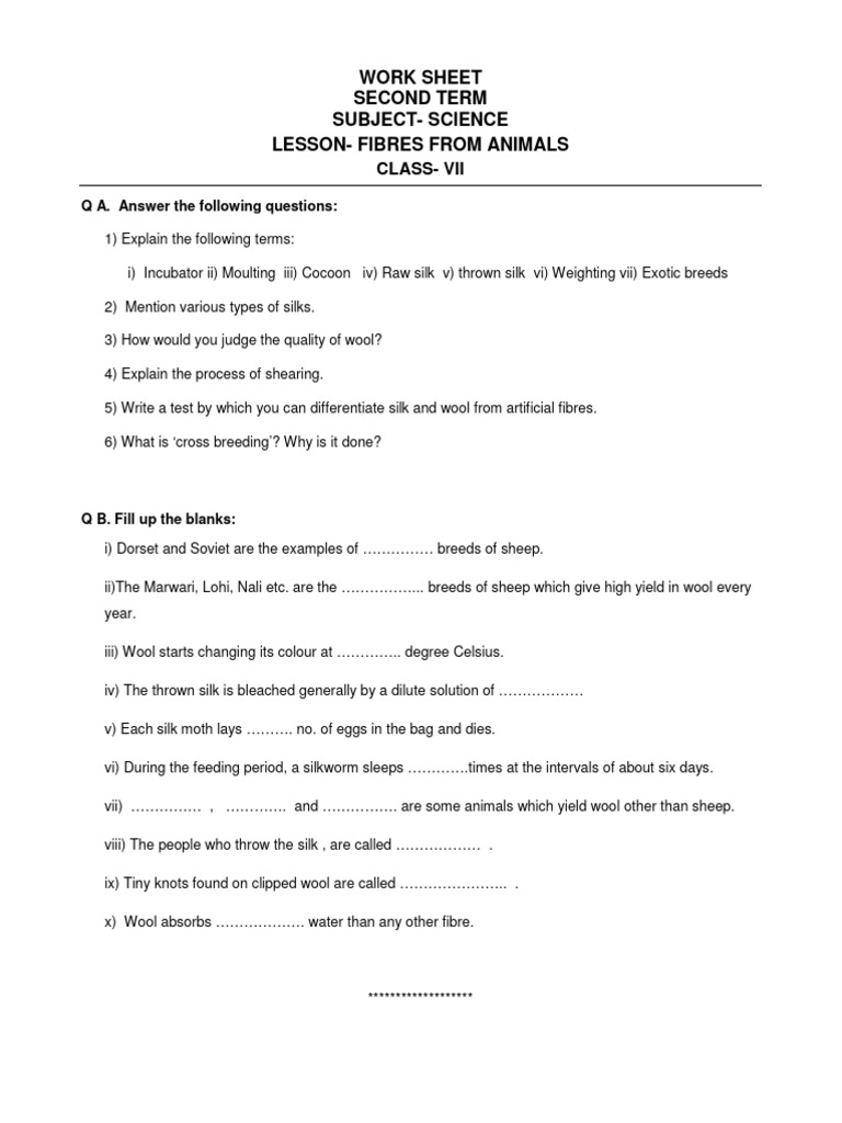 Animal Fibres: Class 7 Worksheet | PDF