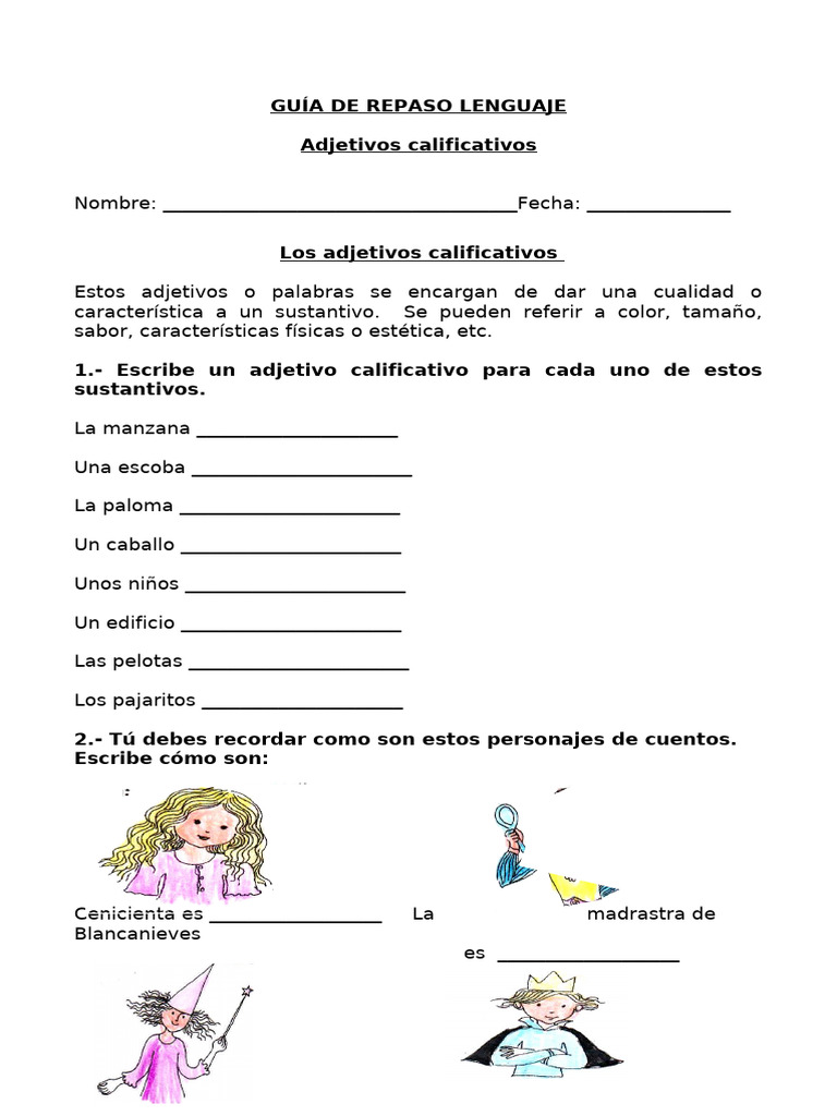 Ejercicios de Adjetivos Calificativos | PDF | Morfología Lingüística ...