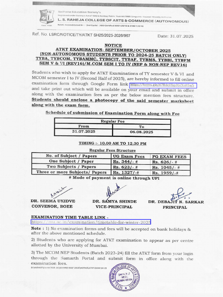 Ug Sem V & Vi & PG Sem I To IV Atkt Exam Form Filling Notice SH 2025 ...