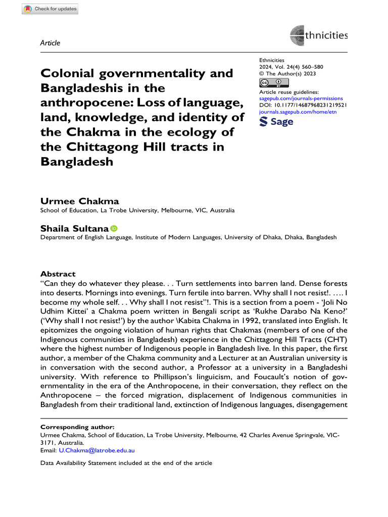 Chakma Sultana 2023 Colonial Governmentality and Bangladeshis in The ...