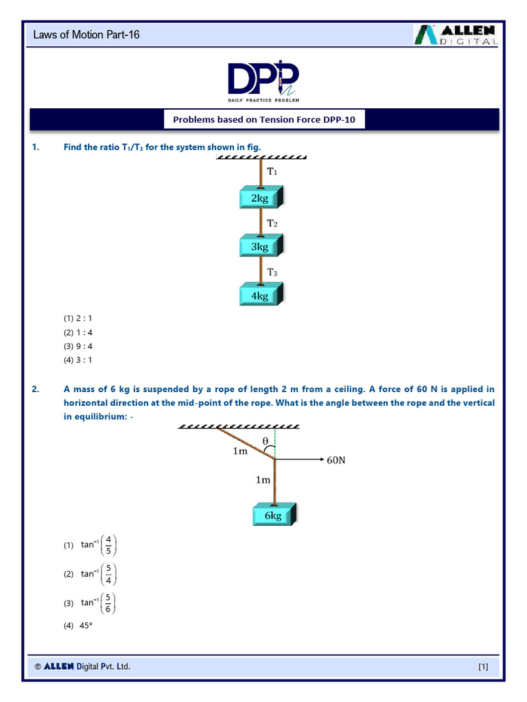 Laws of Motion - Problems Based On Tension Force DPP-10 | PDF | Tension (Physics) | Force