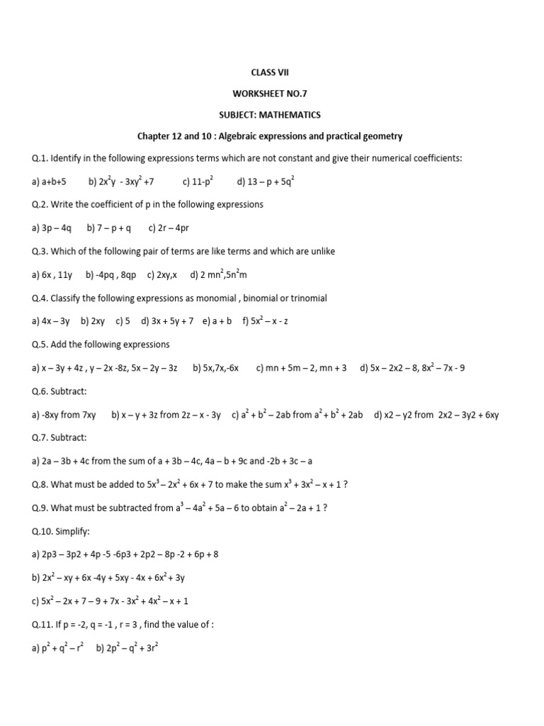 Class 7 Algebraic Expressions Worksheet | PDF