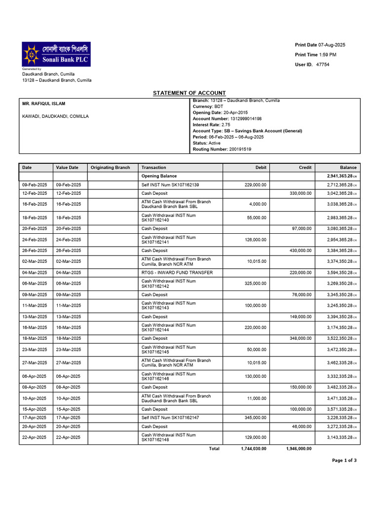 Sonali Bank PLC - Daudkandi Branch - Mr. Rafiqul Islam - 6th Months - 3 | PDF | Deposit Account ...