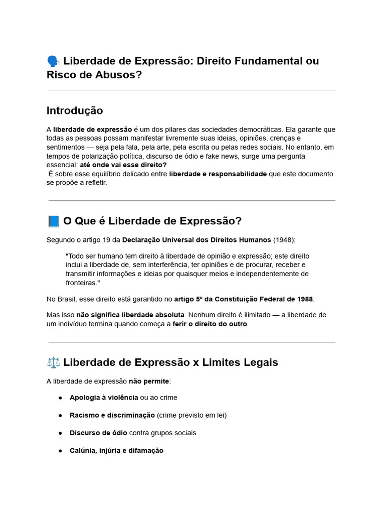 Liberdade de Expressão e Seus Limites | PDF | Liberdade de expressão ...