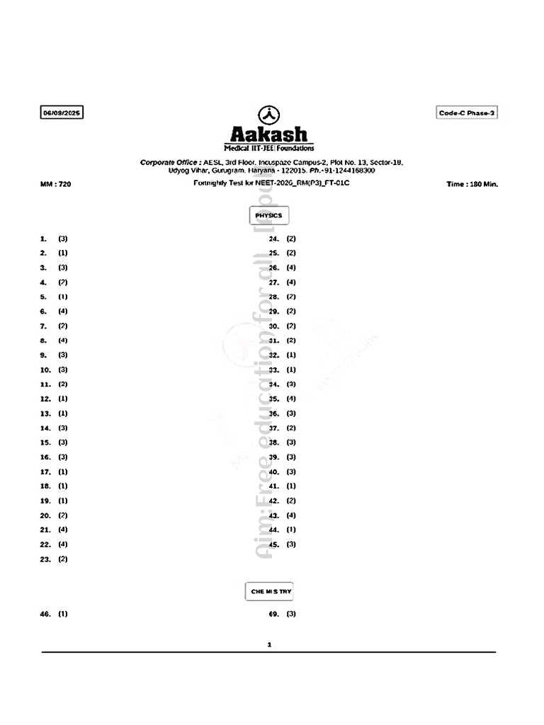 FT 01 Answer Key Phase 3 | PDF