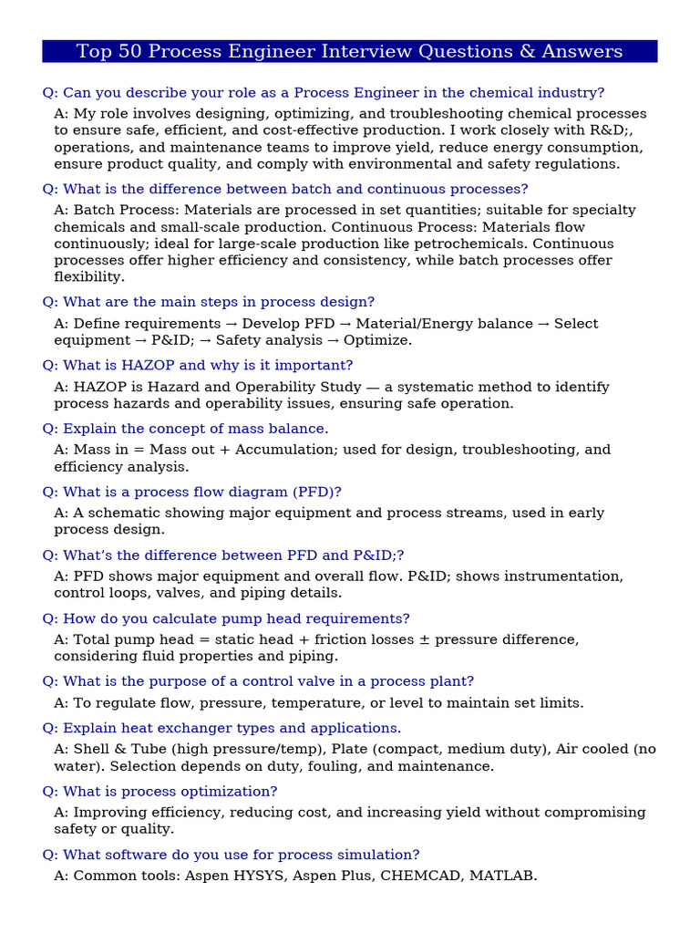 Top Process Engineer Interview Q&A | PDF | Heat Exchanger | Pump