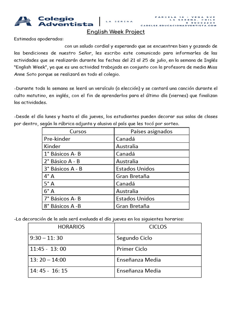 Comunicación Inglés, English Week .Docx | PDF | Etapas educativas