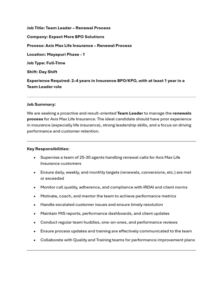 JD For Team Leader | PDF