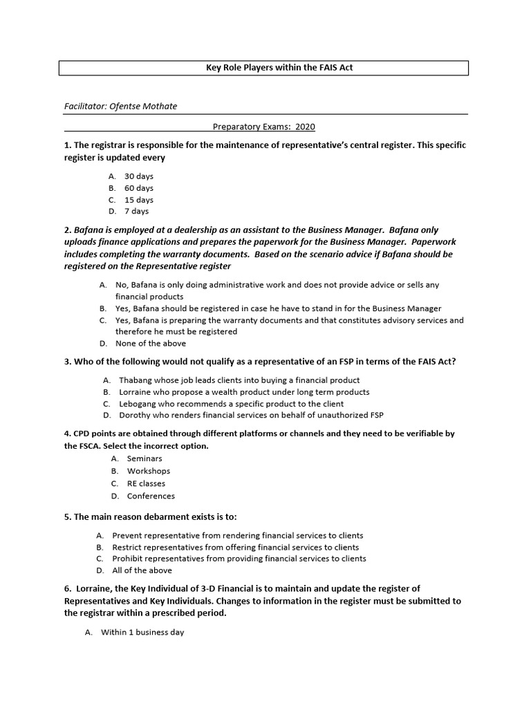 FAIS Act Key Role Players Explained | PDF | Insurance | Burden Of Proof ...