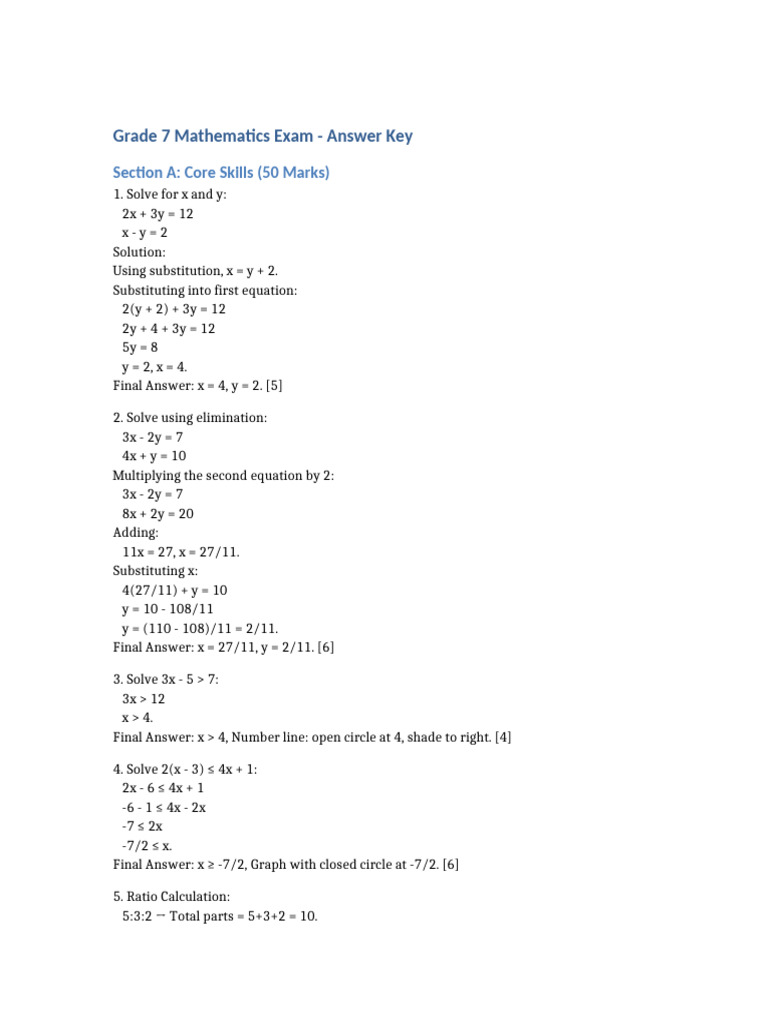 Grade7 Math Exam Answer Key | PDF