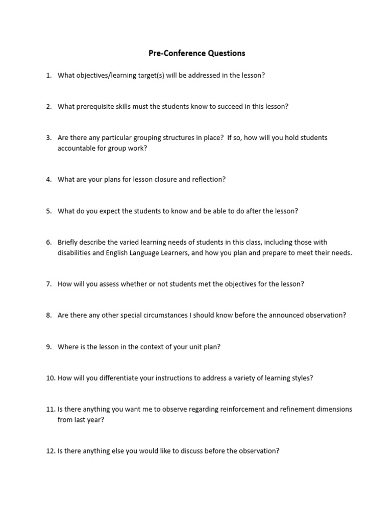 Pre-Conference Questions for Teachers | PDF
