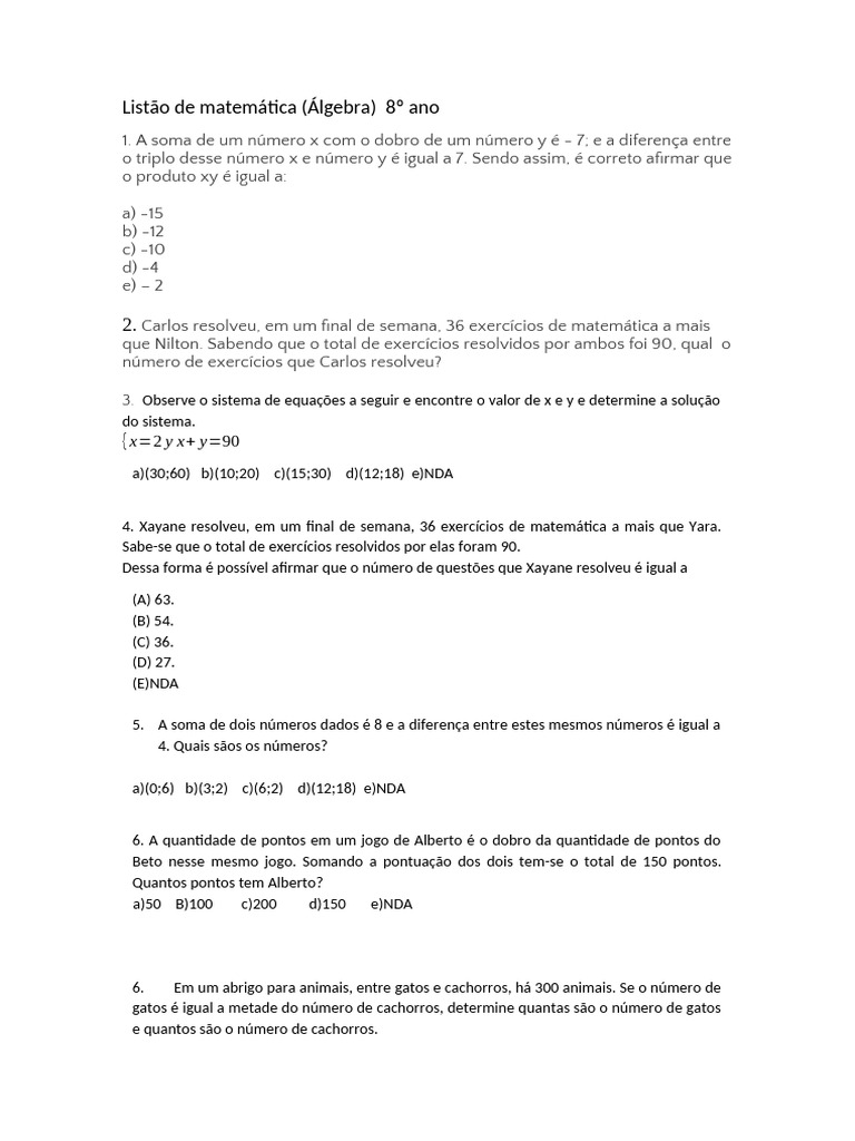 Exercícios de Álgebra para 8º Ano | PDF | Matemática | Álgebra