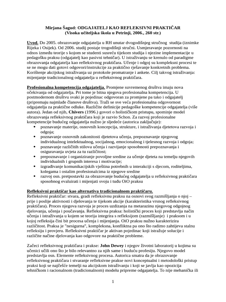 Bilješke M. Šagud Odgajatelj Kao Refleksivn Praktičar | PDF