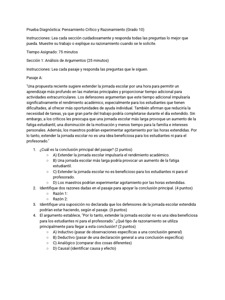 Spanish Diagnostic Test_ Critical Thinking & Reasoning (Grade 10 ...