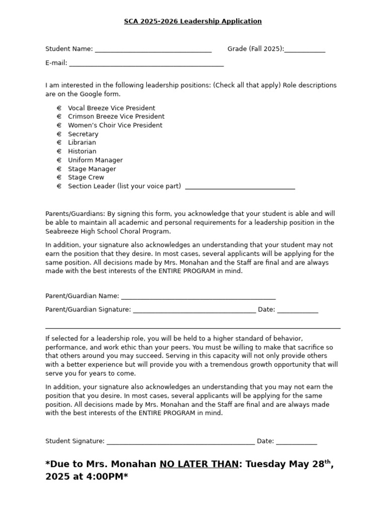 SCA 2025-2026 Leadership Application Form | PDF