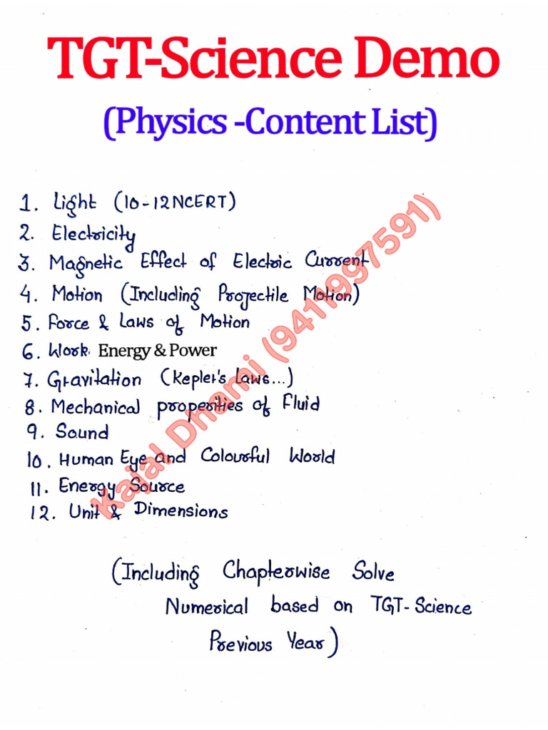 TGT-SCIENCE (Physics - Content List + Demo) | PDF