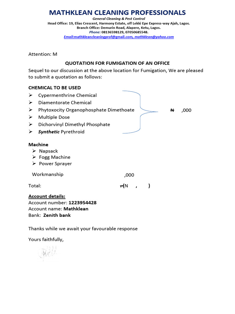 Quotation For Fumigation | PDF