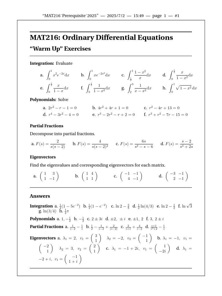 MAT216 Prerequisite 2025 | PDF | Eigenvalues And Eigenvectors | Mathematical Analysis