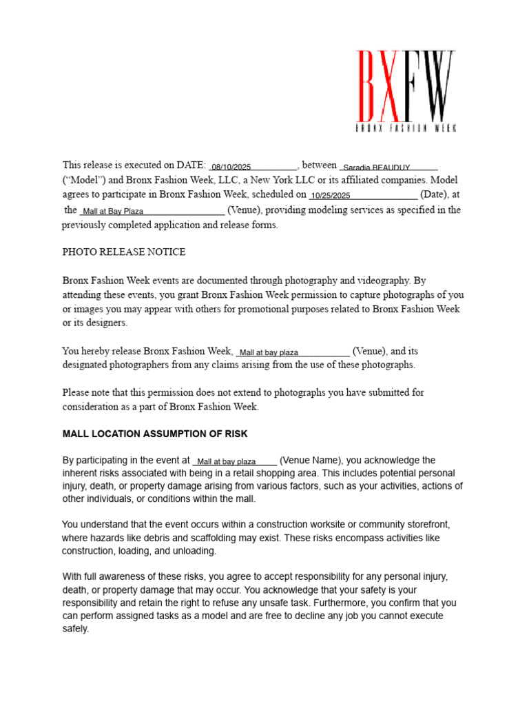 Bronx Fashion Week Model Form 2025 | PDF | Legal Liability | Consent