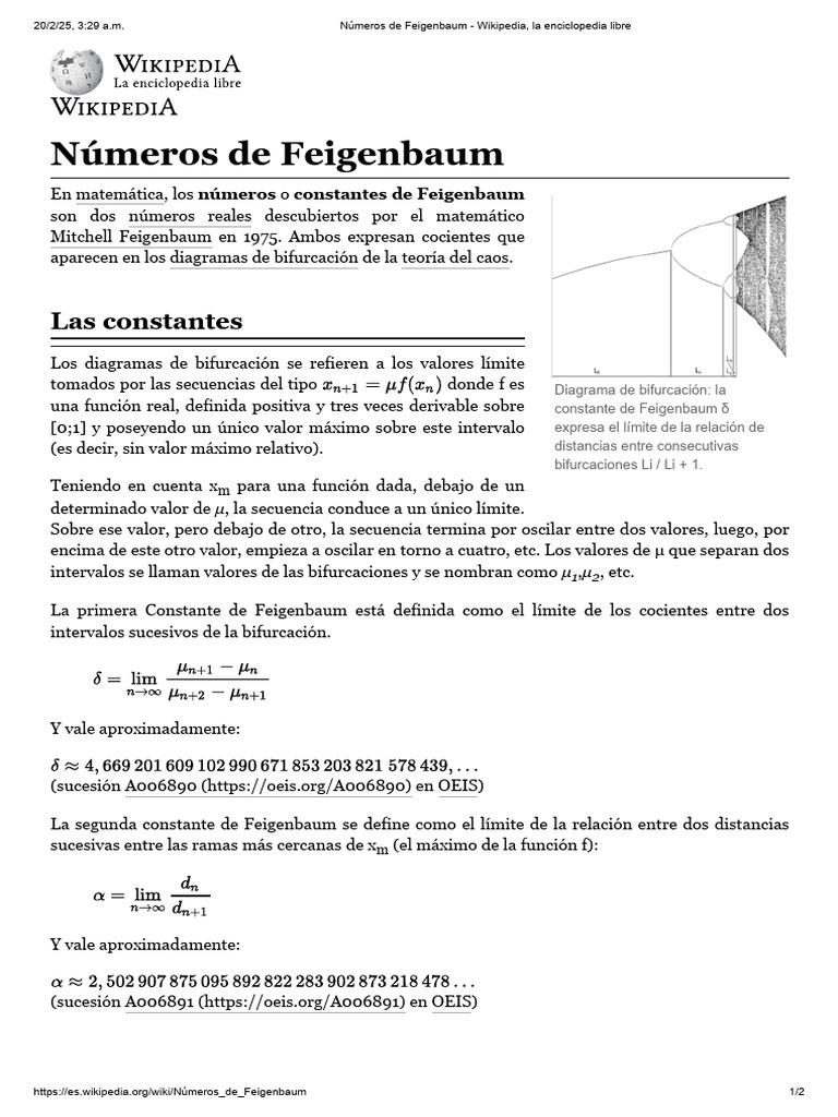 Números de Feigenbaum - Wikipedia, La Enciclopedia Libre | PDF | Conceptos matemáticos | Objetos ...