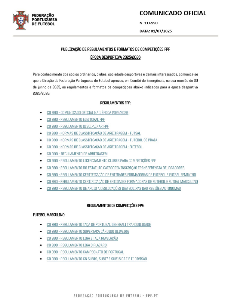 Regulamentos Futsal FPF 2025/2026 | PDF | Futebol | Competições esportivas
