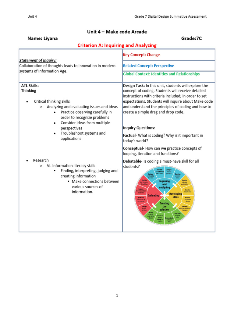 Gr7 RP4 IT Makecode CriterionA B Upd | PDF | Computer Programming | Critical Thinking